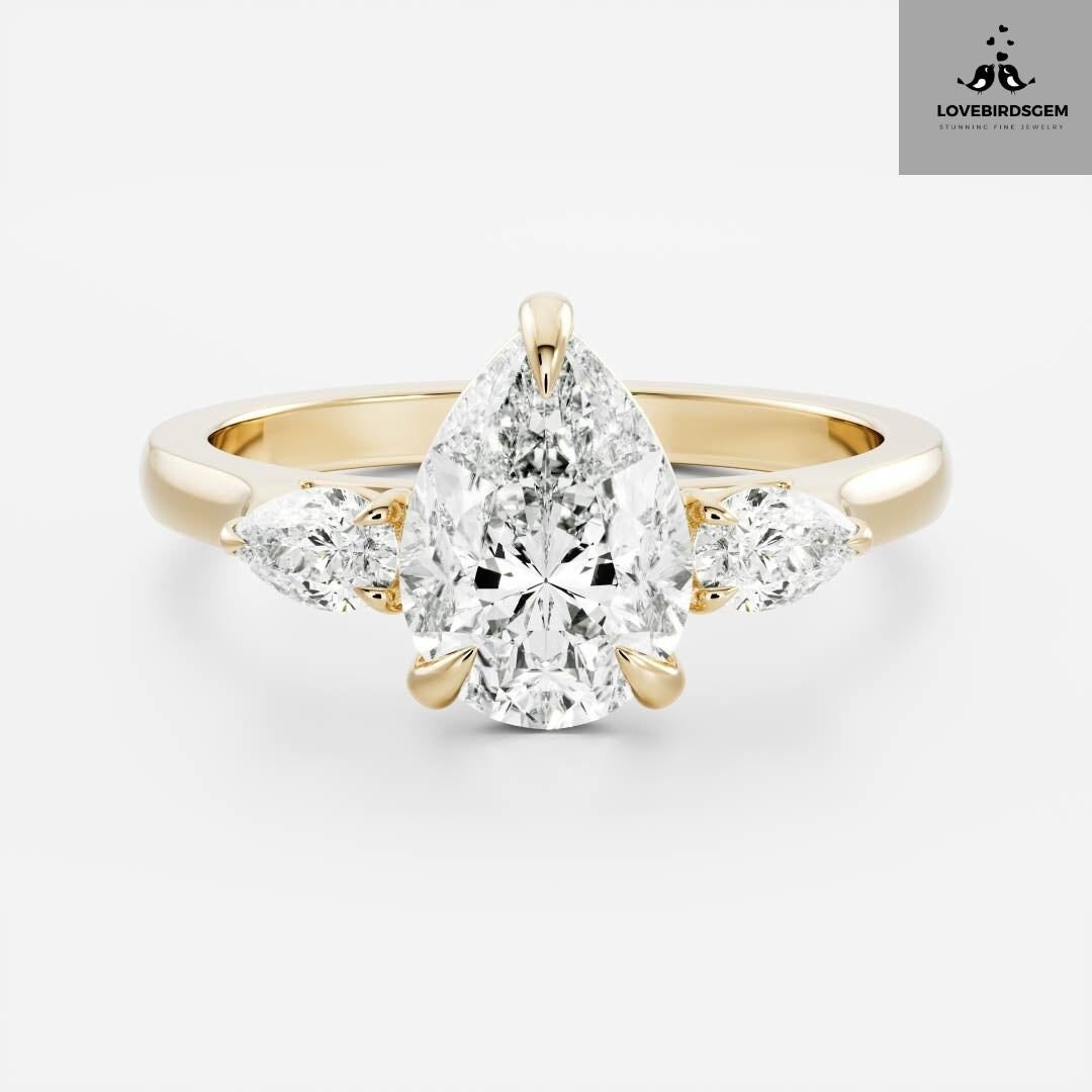 Unique Teardrop Elongated Pear Cut Diamond Trilogy Ring, 14k Solid ...