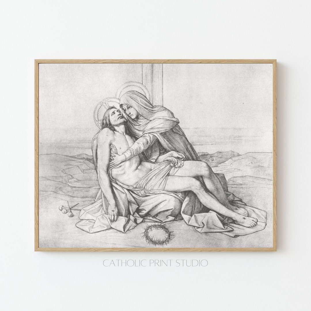 INSTANT DOWNLOAD Pieta Sketch Catholic Art PRINTABLE Lent Decor Mary and Jesus Vintage Sacred ...