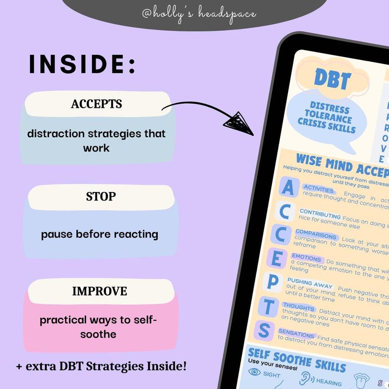DBT Distress Tolerance Cheat Sheet: Printable Coping Skills PDF - Etsy