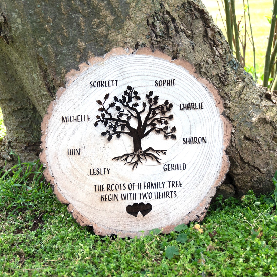 Personalised Two Hearts Family Tree Engraved Wooden Log Slice - Etsy