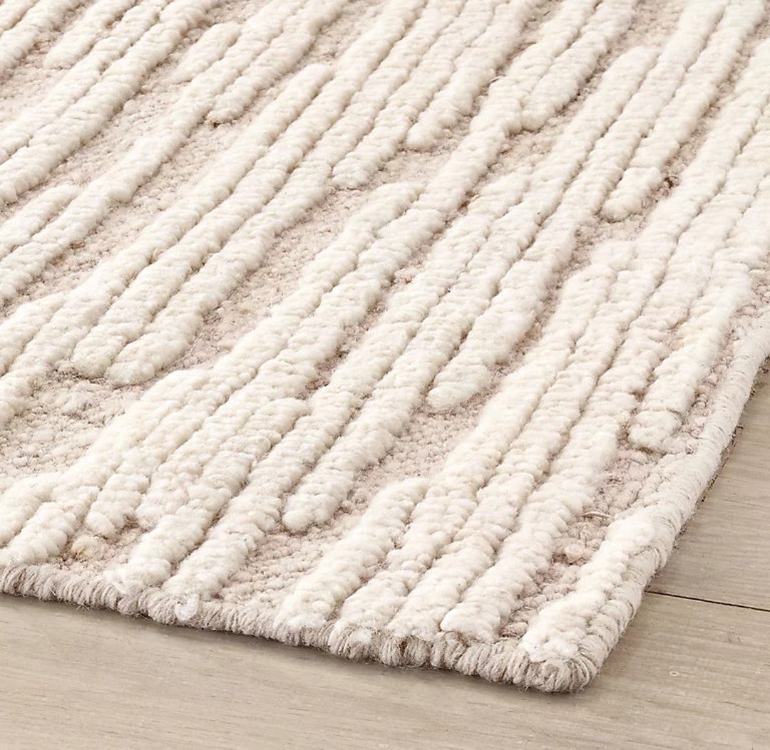Wool 810 Knot White Rug, Ribbed Beni Ourain Moroccan Rug, Ivory ...