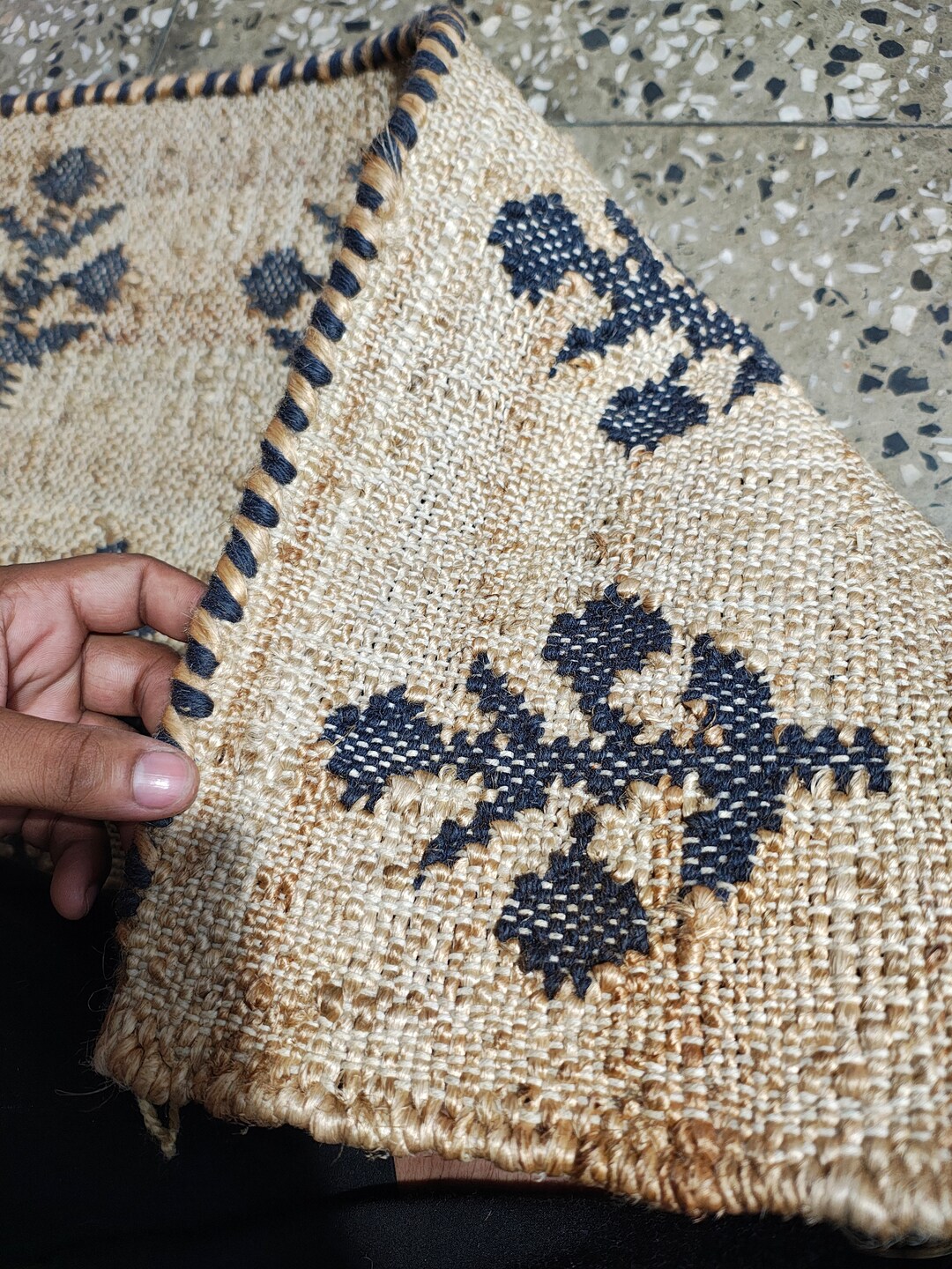 Neutral and Dark Grey Jute Rug, Geometric Soft Jute Floral Design, Grey ...