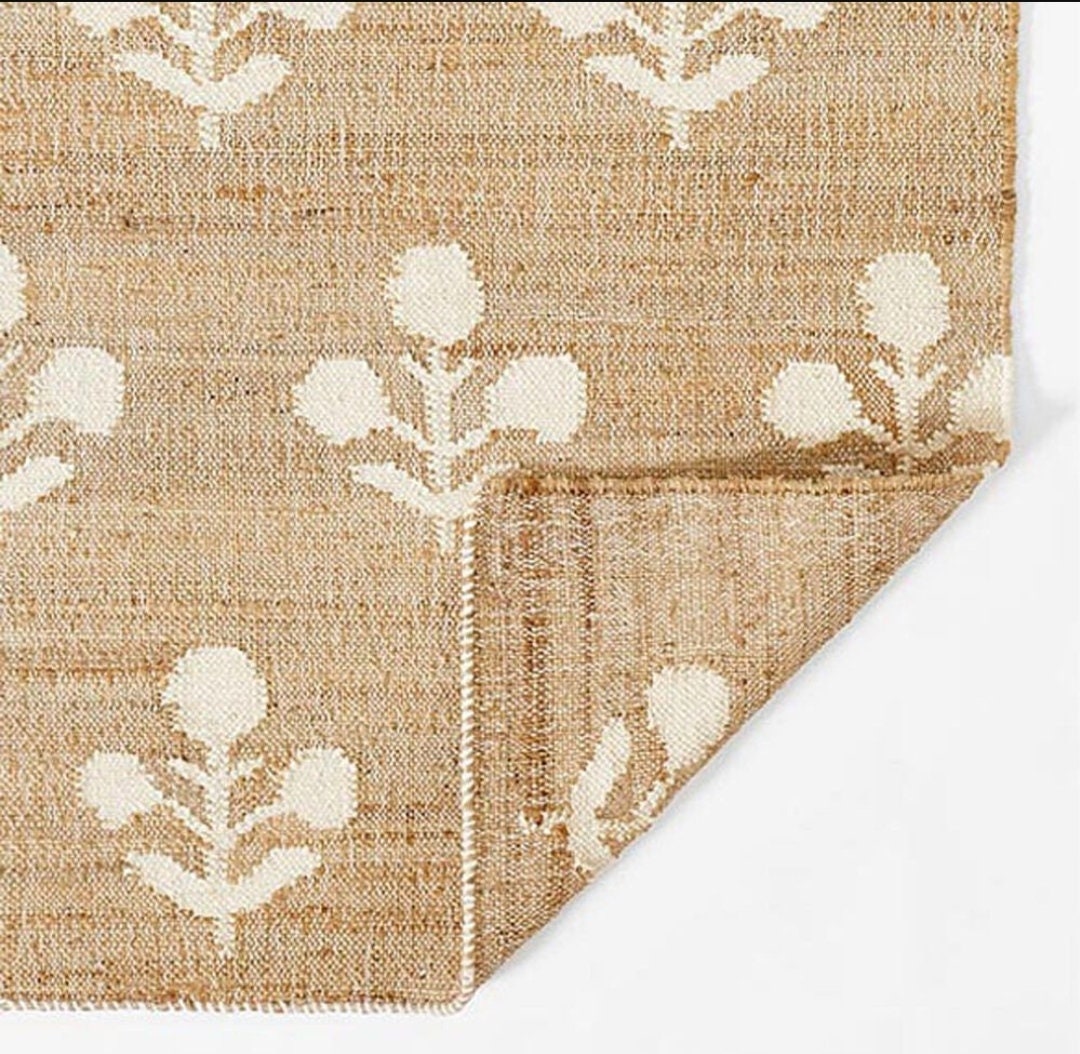 10x14 Flatweave Jute Flower Thin Rug, Dhurrie Hemp Geometric Rug ...