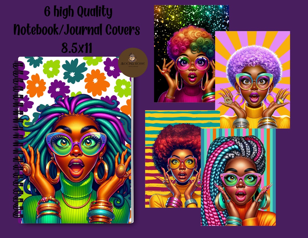 Whimsical Expressive Black Woman Notebook Covers, Journal Covers, Afro ...