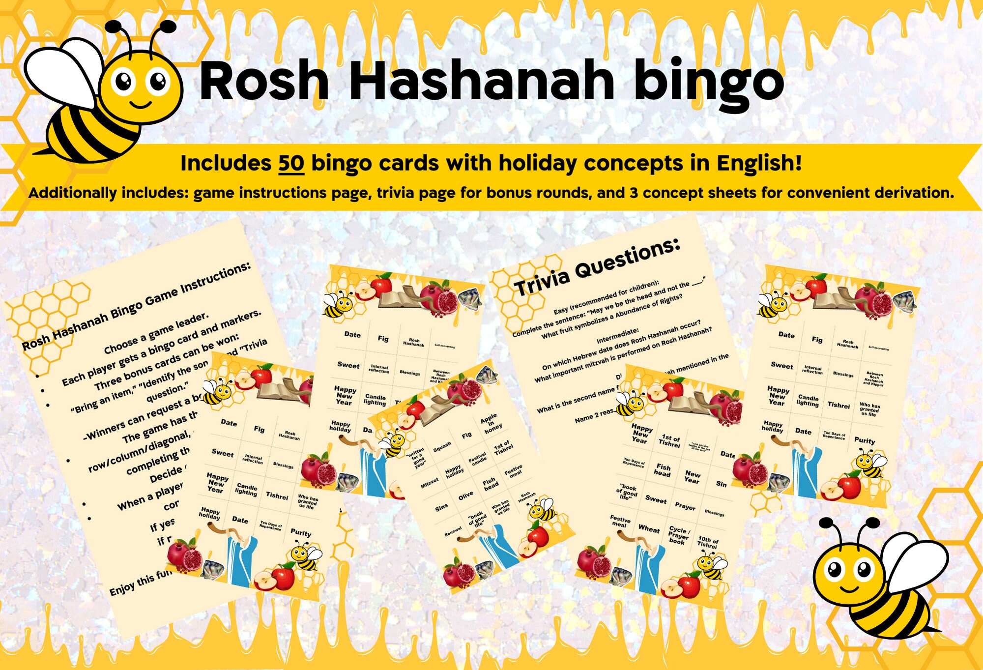 50 Cards- Bingo Game ROSH HASHANA, the Hebrew Jewish New Year 50 Cards ...
