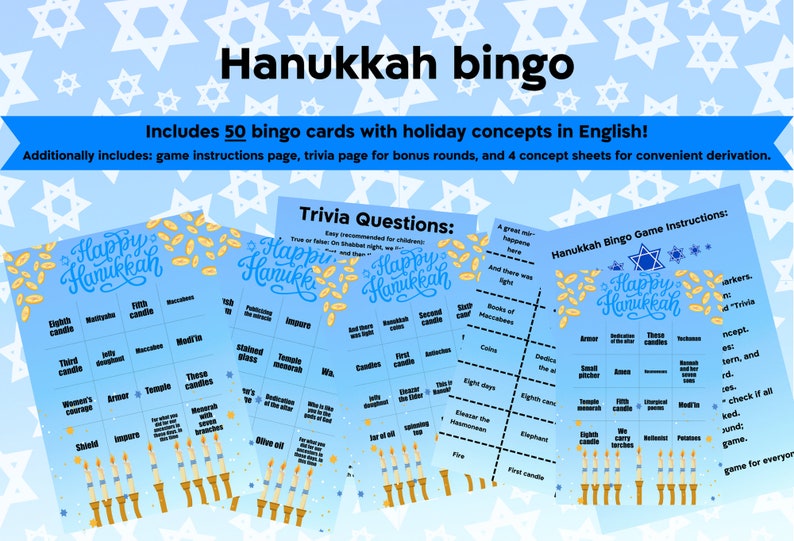 50 Cards Bingo Game Hanukkah, Hebrew Jewish Holiday. - Etsy