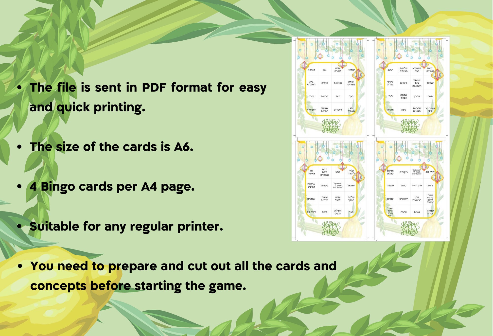 Sukkot Bingo Game: Festival of Booths, 30 Cards (digital Download) - Etsy