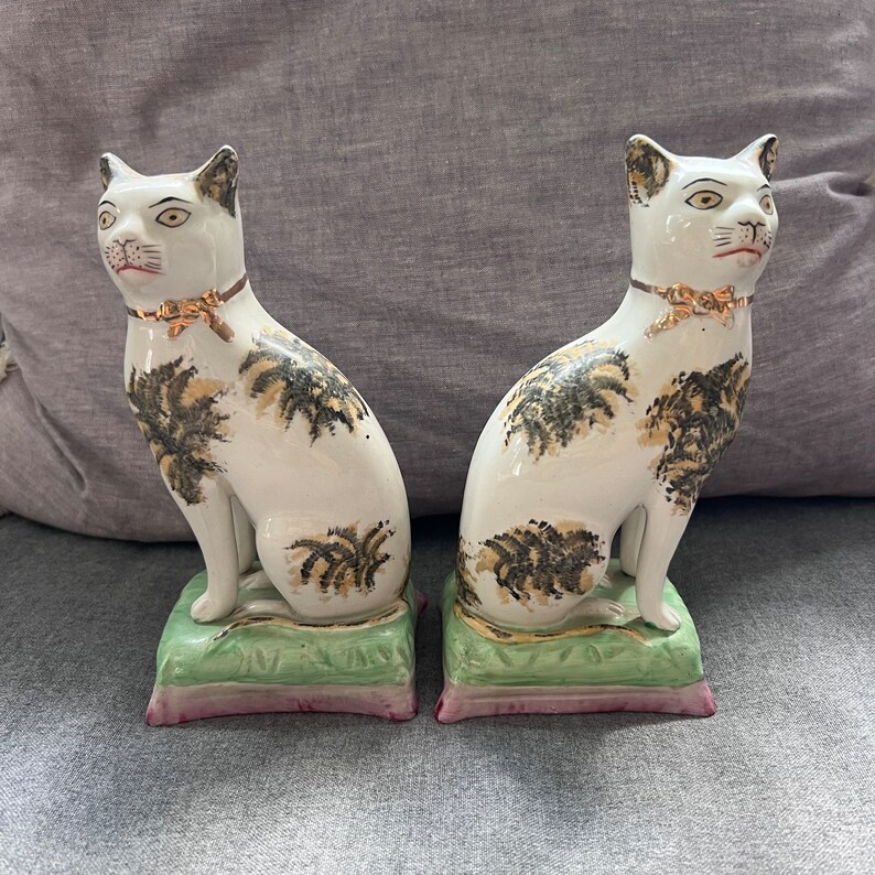 Pair 19th Century English Staffordshire Pottery Mantle Cats on Pillows ...