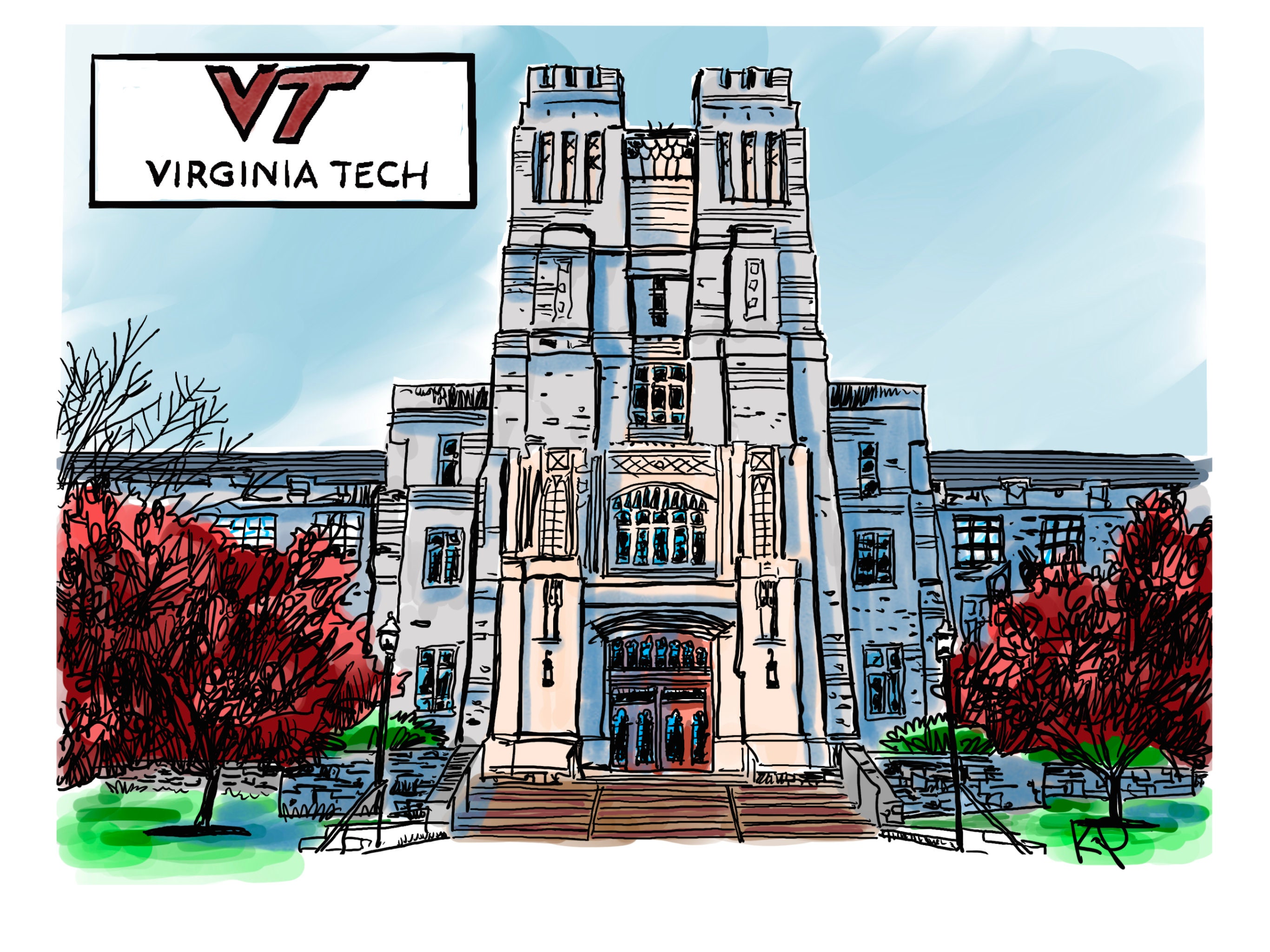 Virginia Tech Campus Art Print – Burruss Hall Illustration | 8.5X11 ...