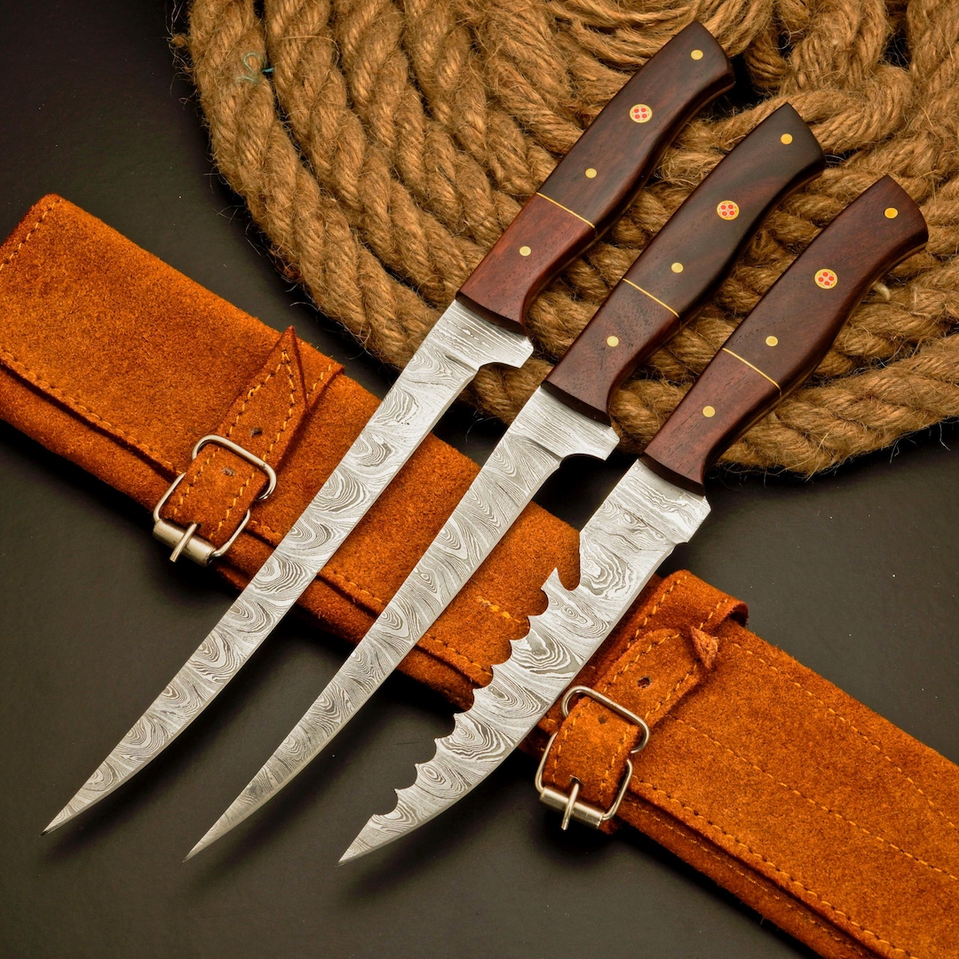 3 Pc Fillet Knife Set Handmade Damascus Steel Fishing Knife Best Gift ...