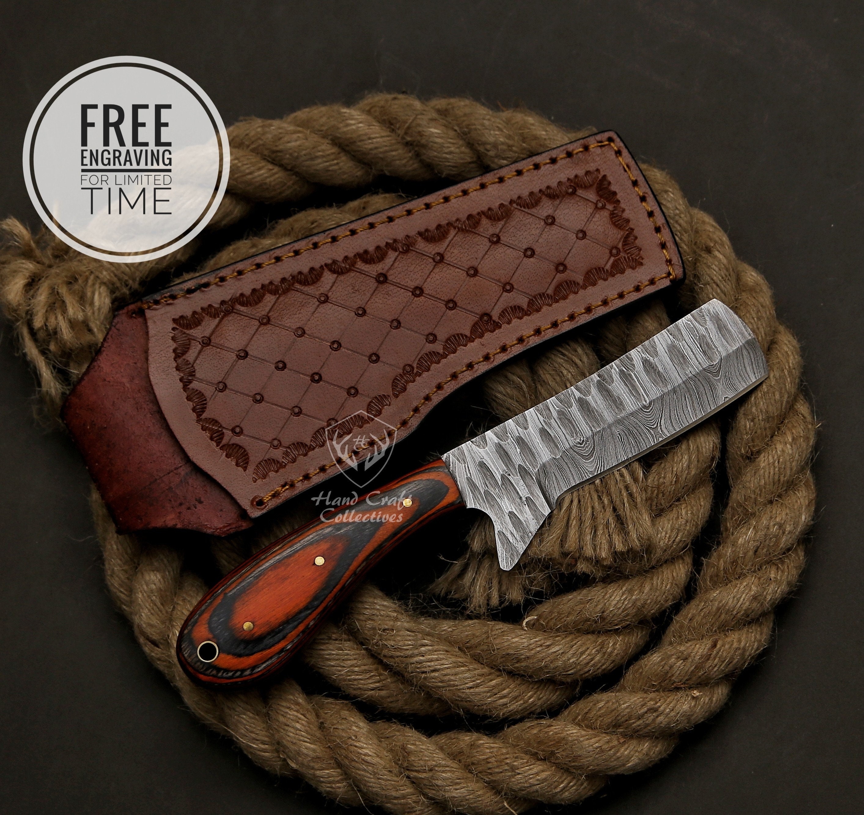 8 Custom Handmade Damascus Steel Bull Cutter Knife With Pure Leather ...
