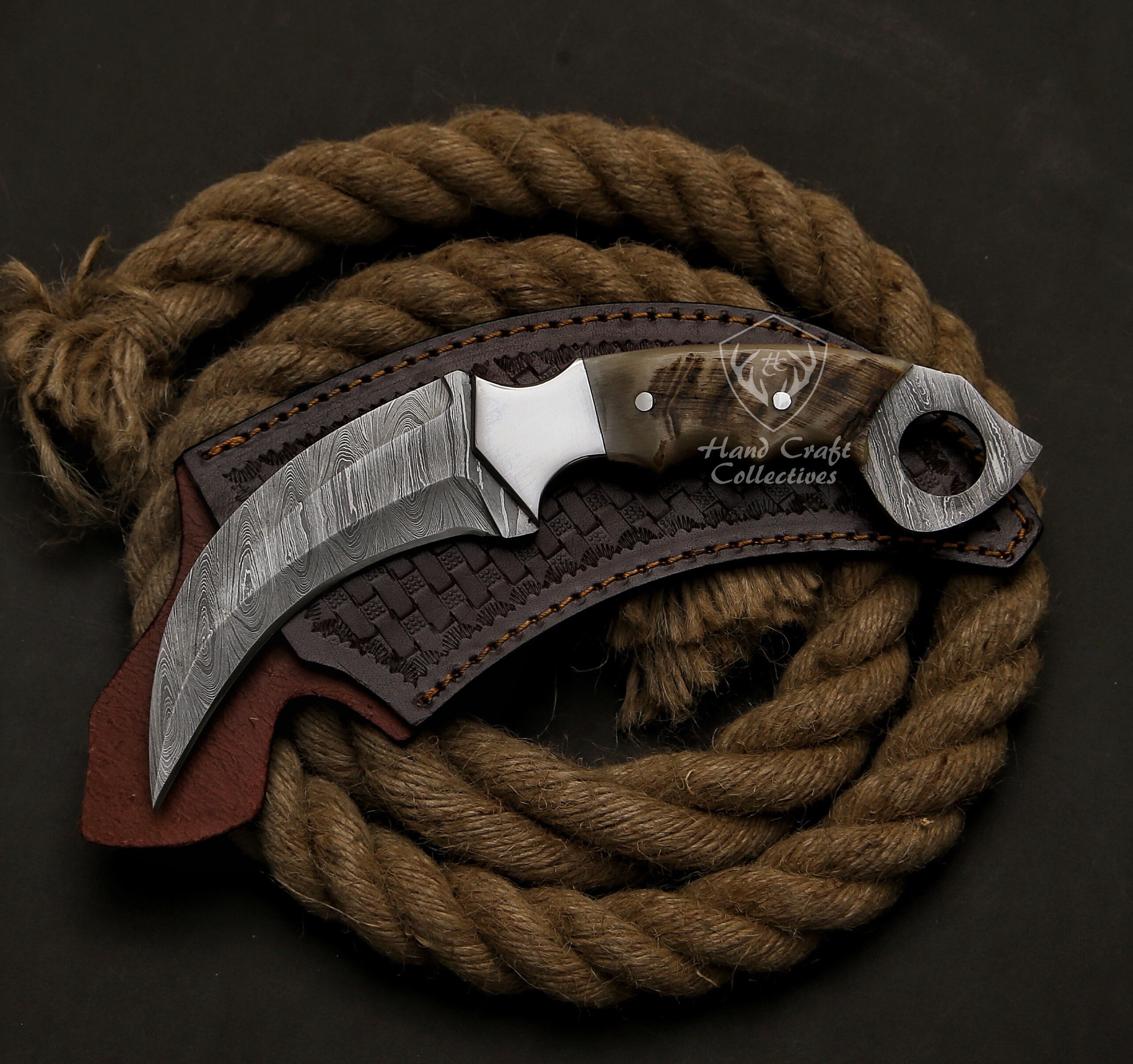 Custom Karambit Damascus Hunting Knife, Hand Forged Damascus Bowie ...