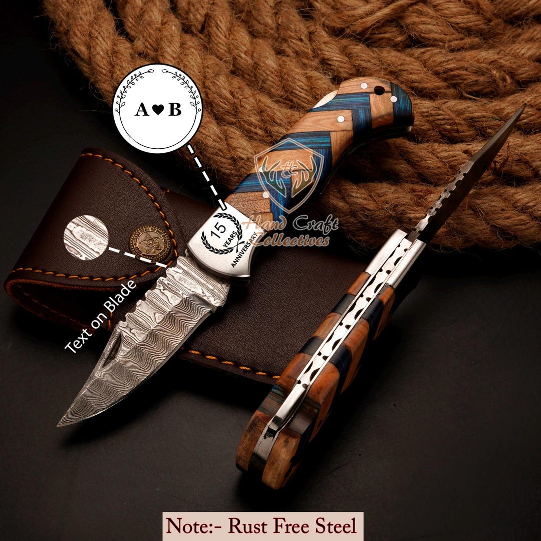 Rust-free Damascus Stainless Steel Pocket FOLDING KNIFE With Leather ...