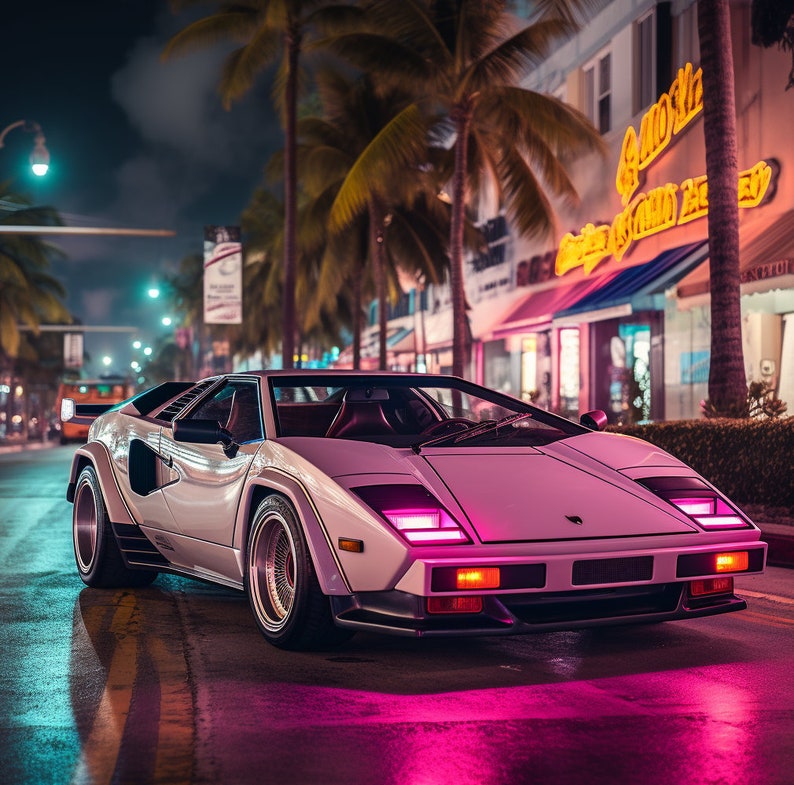 1980s Miami Neon W/ Lamborghini Countach 4-pack Digital Wallpaper Set ...