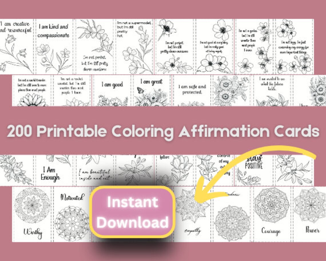 200 Positive Affirmation Cards With Coloring Pages, Printable ...