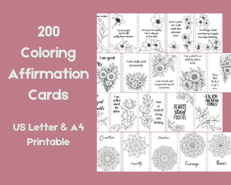 200 Positive Affirmation Cards With Coloring Pages, Printable ...