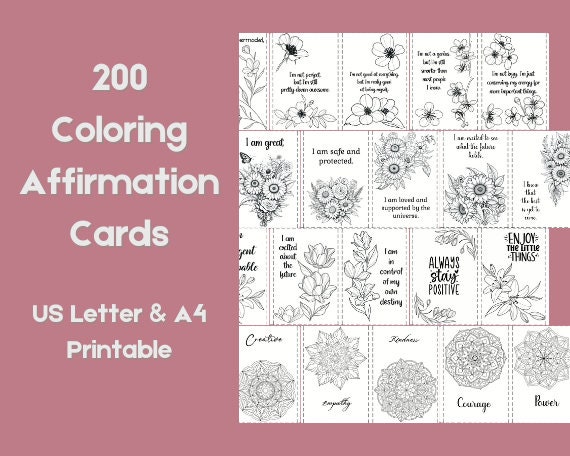 200 Positive Affirmation Cards With Coloring Pages, Printable ...