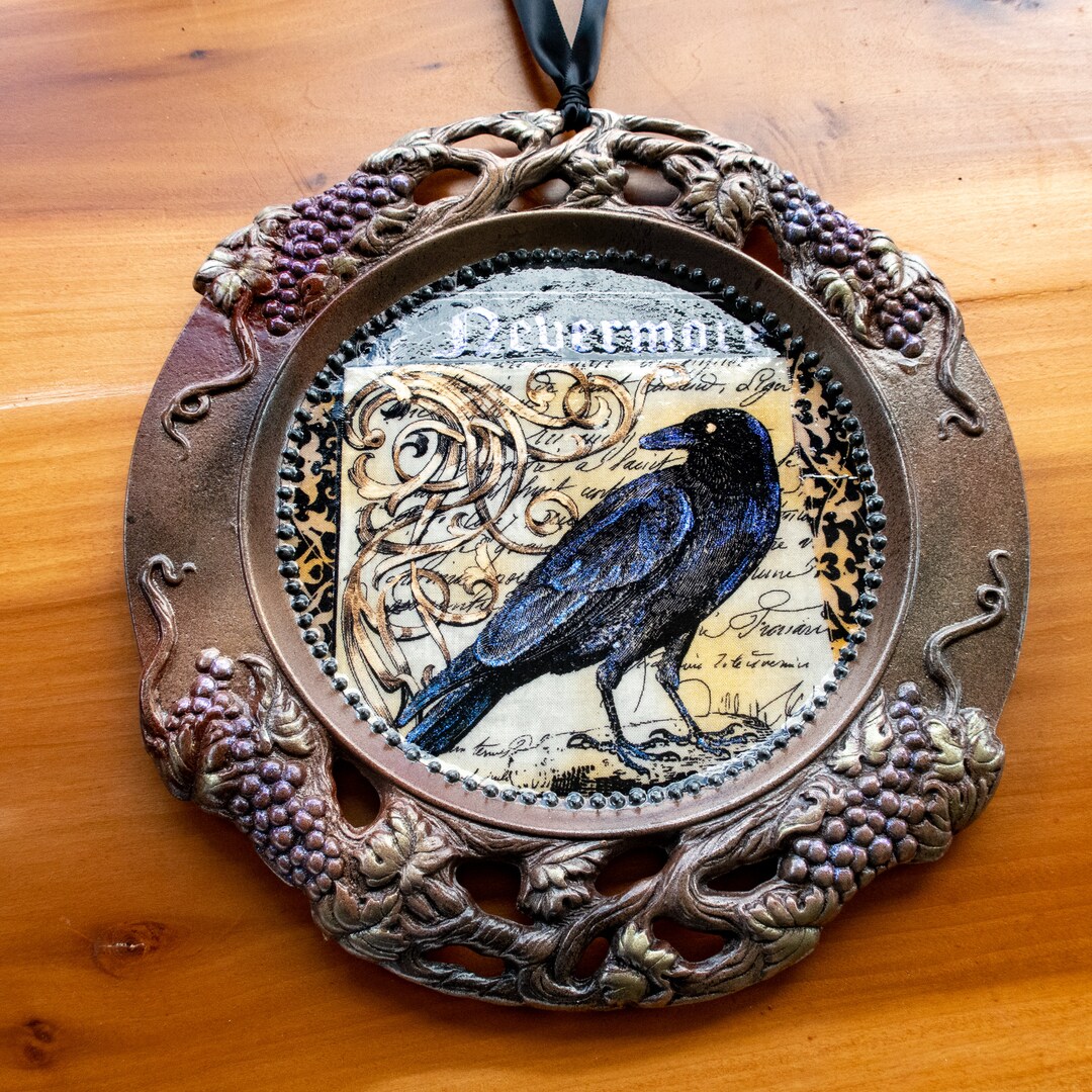 Black Raven Nevermore Decoupage on Pewter Vintage Plate With Embossed ...