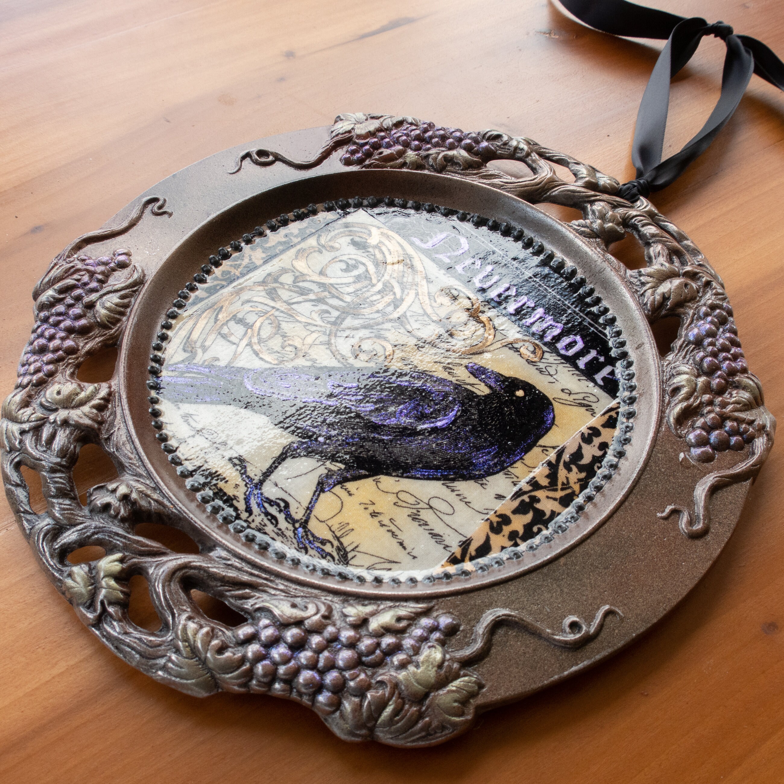 Black Raven Nevermore Decoupage on Pewter Vintage Plate With Embossed ...