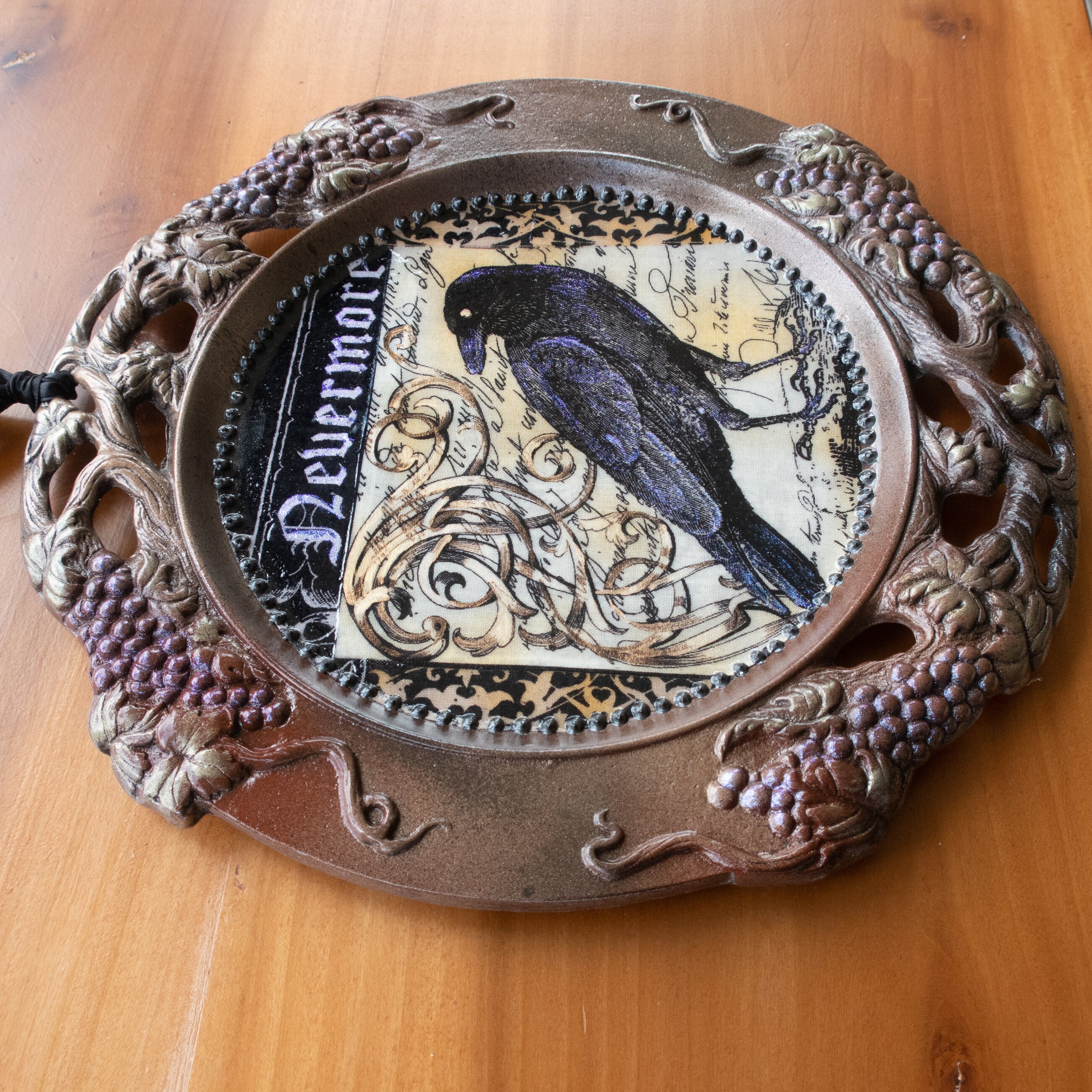 Black Raven Nevermore Decoupage on Pewter Vintage Plate With Embossed ...