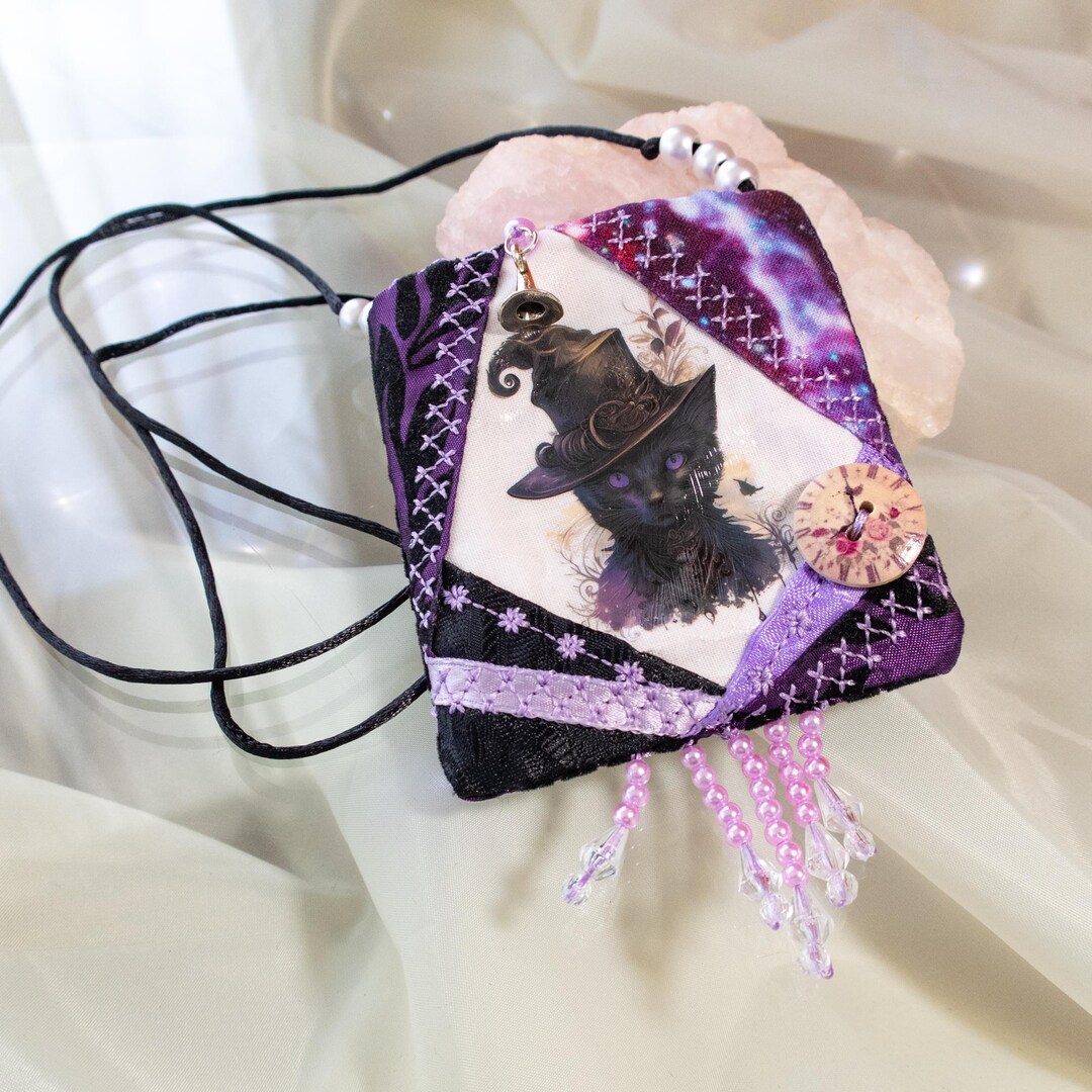 Amulet Textile Pouch Necklace, Mystic Cat in Purple, Scrappy Fabric ...