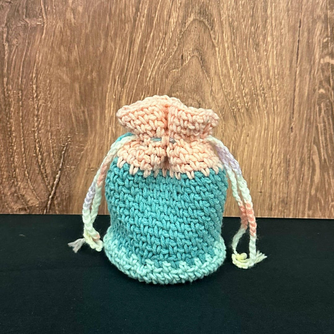 Crochet Small Light Blue/blue/pink Drawstring Pouch, Crochet Pouch ...
