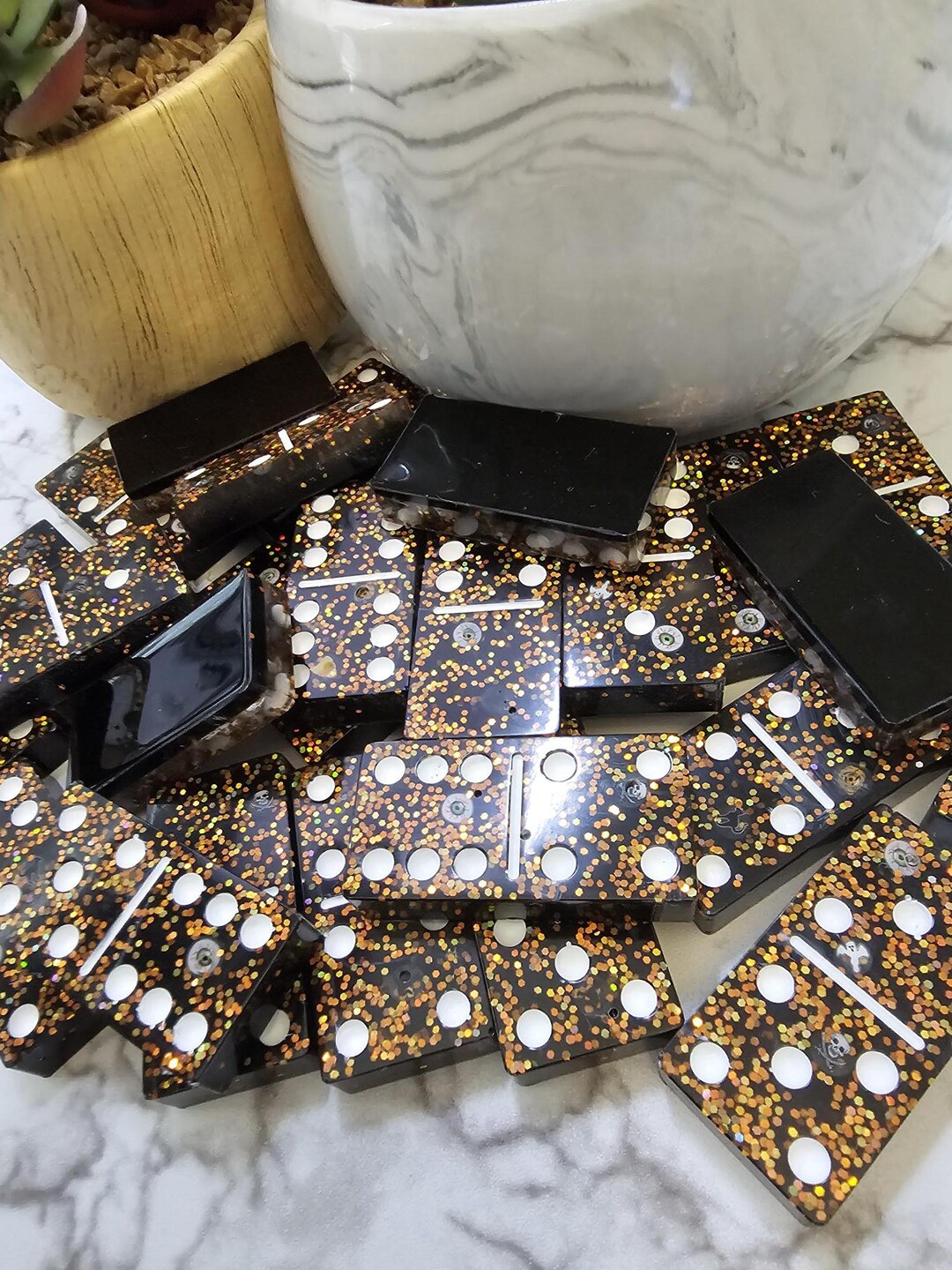 Halloween Domino Set: Black With Gold & Orange Glitter, Handmade - Etsy
