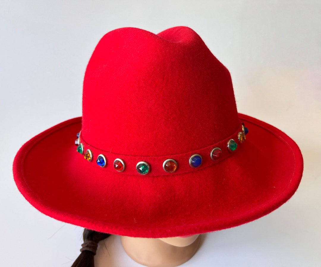 Vintage Importina Felt Fedora Hat W/ Colorful Stone Detail - Etsy