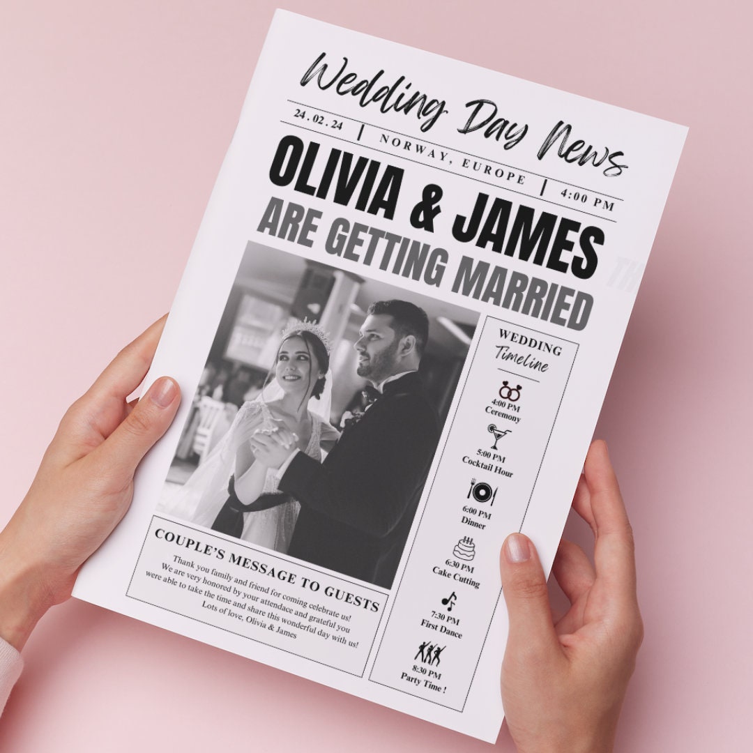 Wedding Newspaper Post, Fun Wedding Program Idea, Canva Template ...