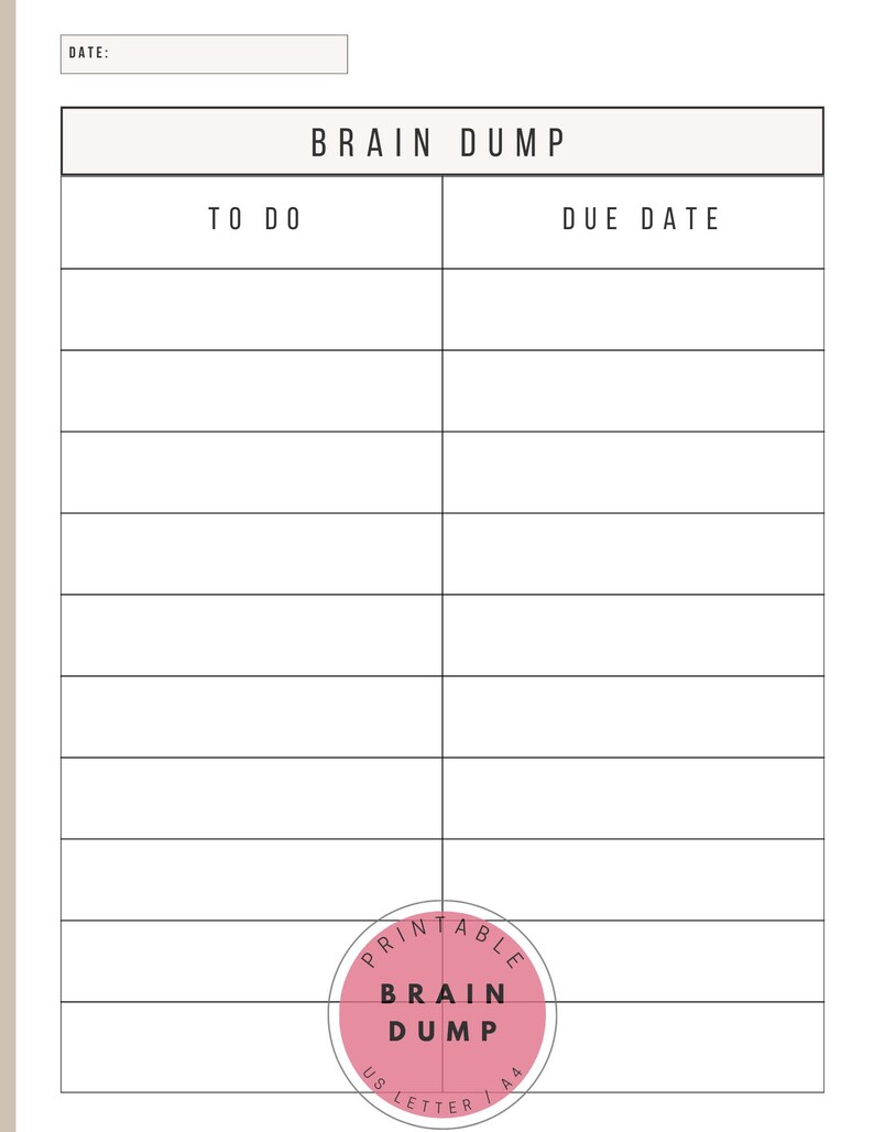 Printable Brain Dump List - to Do & Due Date Organizer - Etsy