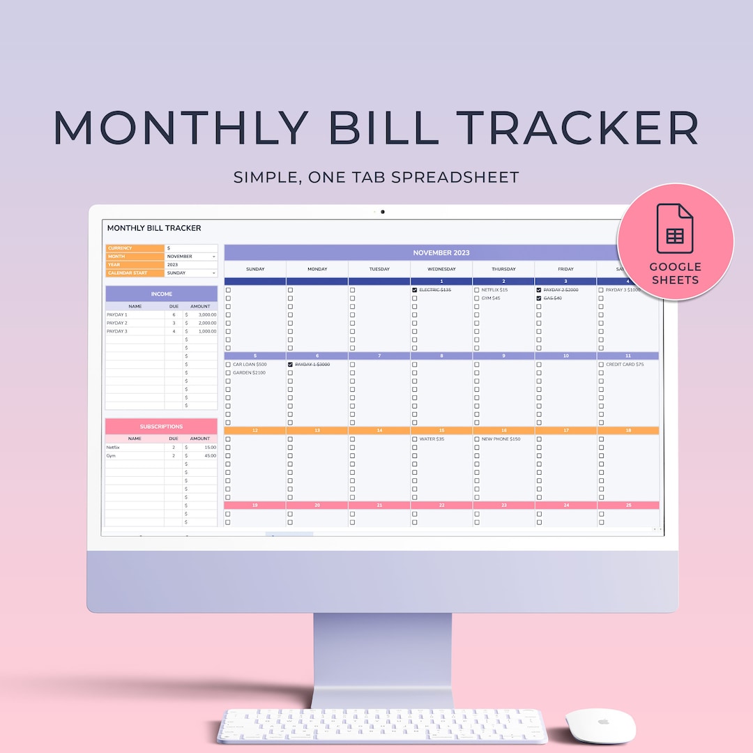 Monthly Bills Tracker Bills Spreadsheet Googlesheets - Etsy