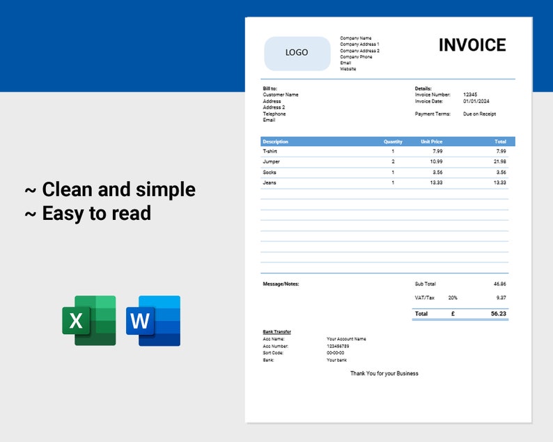 Invoice Template | Fully Editable Excel and Word Template ...