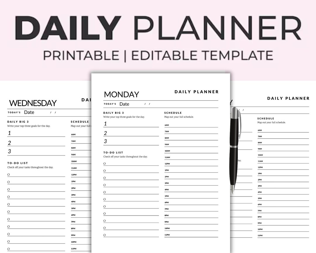 Daily Planner Printable, 24 Hour Planner, Daily Tracker, Editable ...