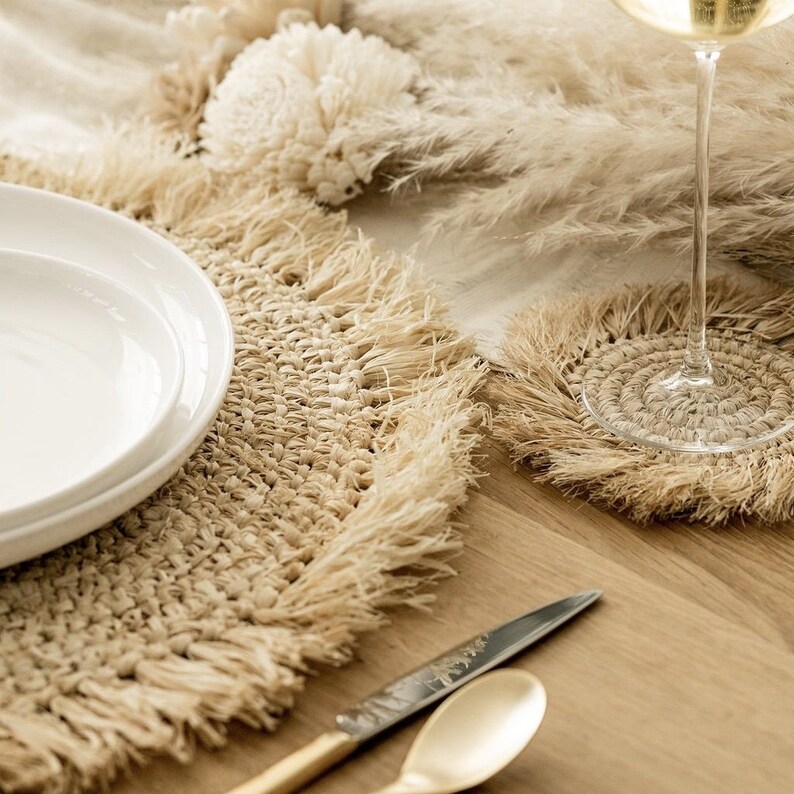Straw Raffia Placemats With Fringe - Brown Boho Woven Wicker Set of ...