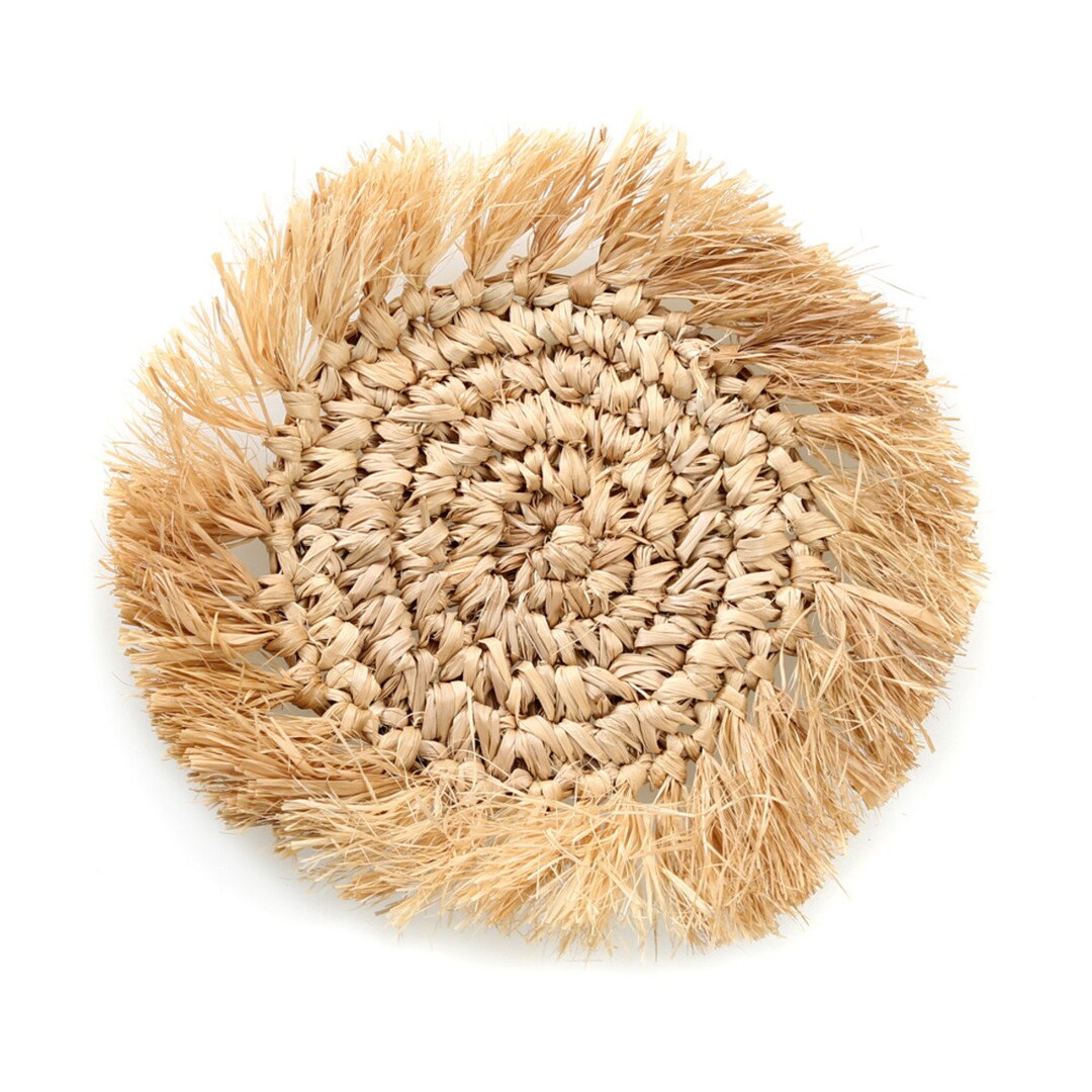 Straw Raffia Coasters With Fringe - Brown Boho Woven Wicker Set of Four ...
