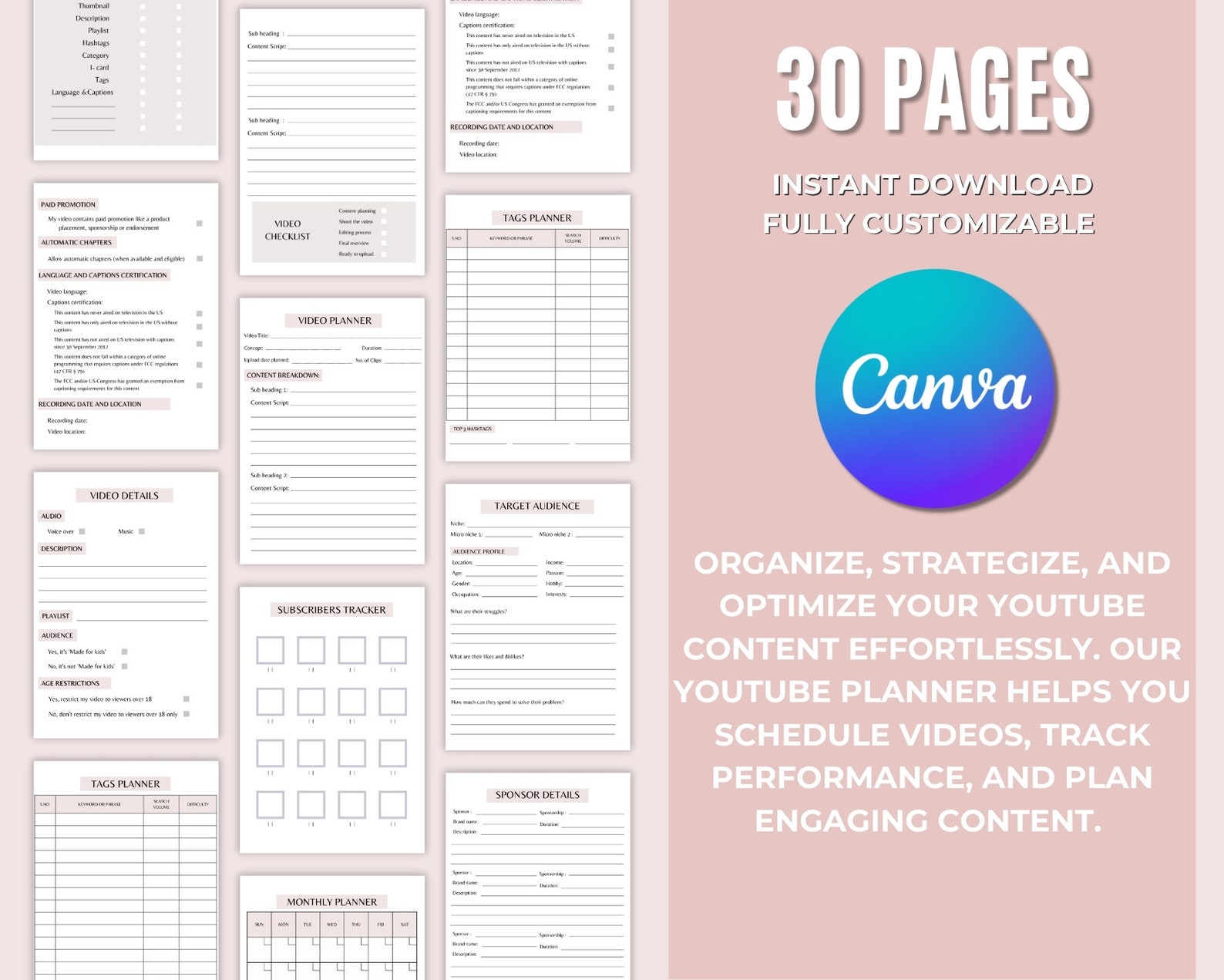 Plr Youtube Content Strategy Planner, Social Media Planner Printable ...