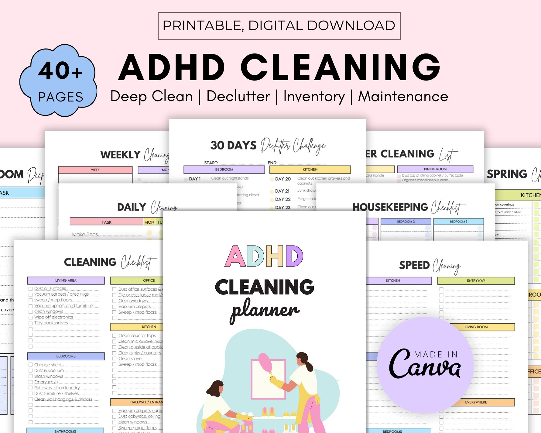 Editable ADHD Cleaning Planner Bundle, Printable, Weekly, Monthly ...