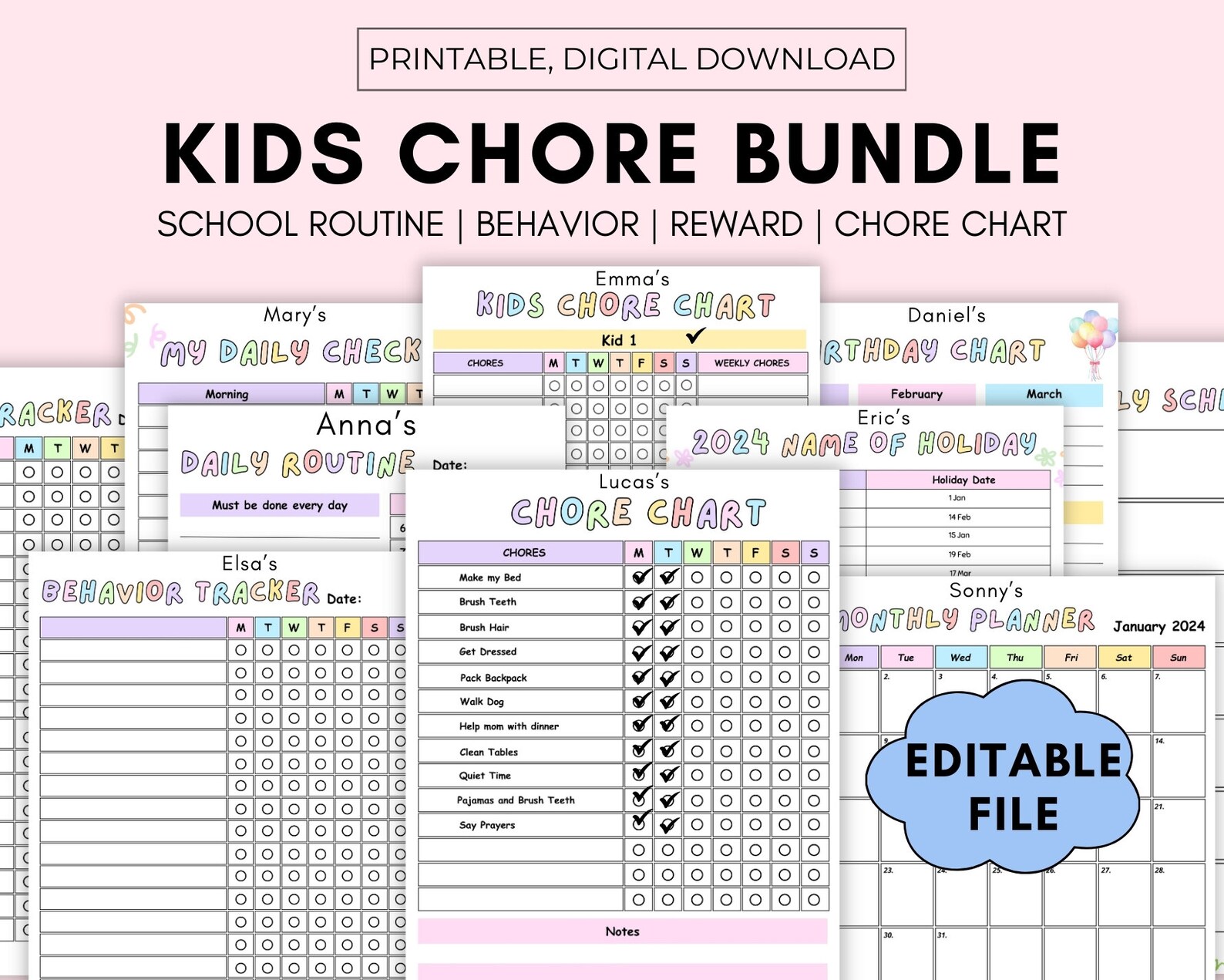 Editable Kids Chore Charts, Reward, Allowance, Screen Time, School ...