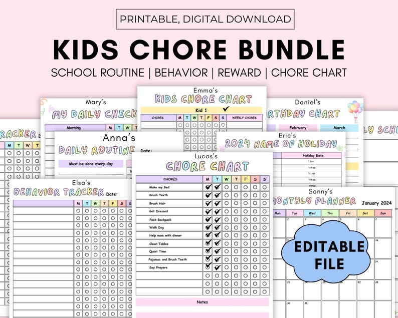 Editable Kids Chore Charts, Reward, Allowance, Screen Time, School ...
