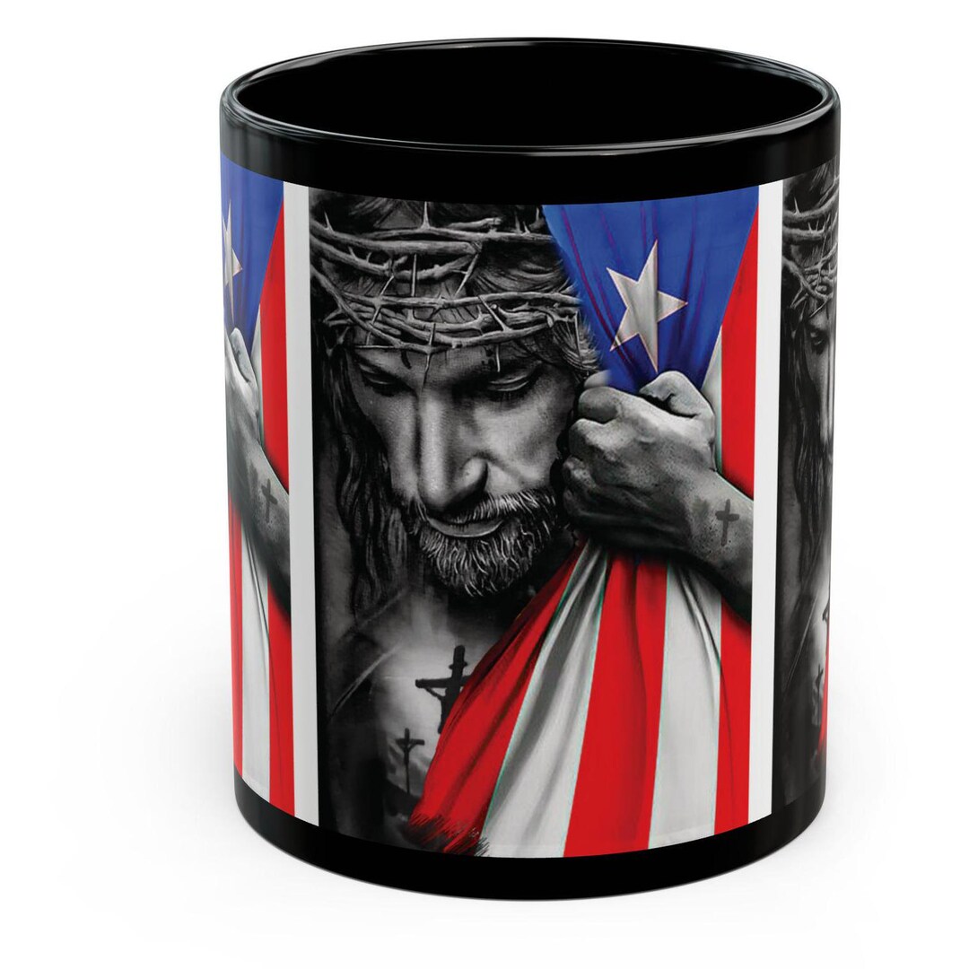 Religious Jesus Embracing Puerto Rican Flag Black Cup Mug 11oz, Coffee ...