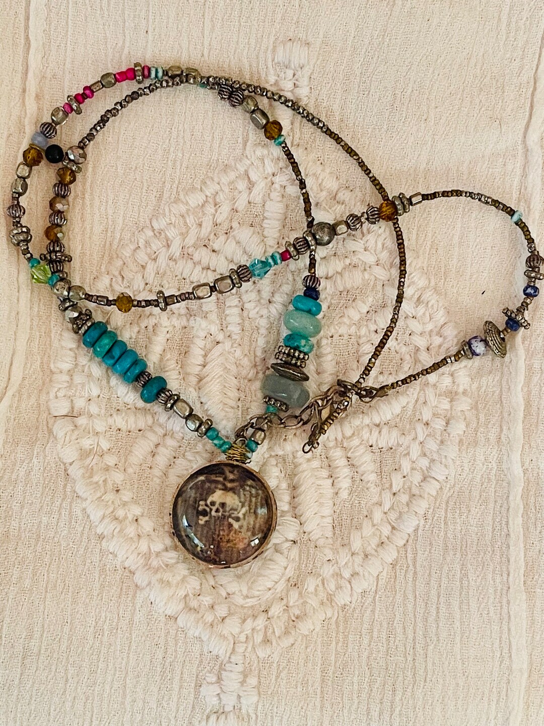 Double-sided Memento Mori Victorian Necklace - Long Gemstone Sterling ...