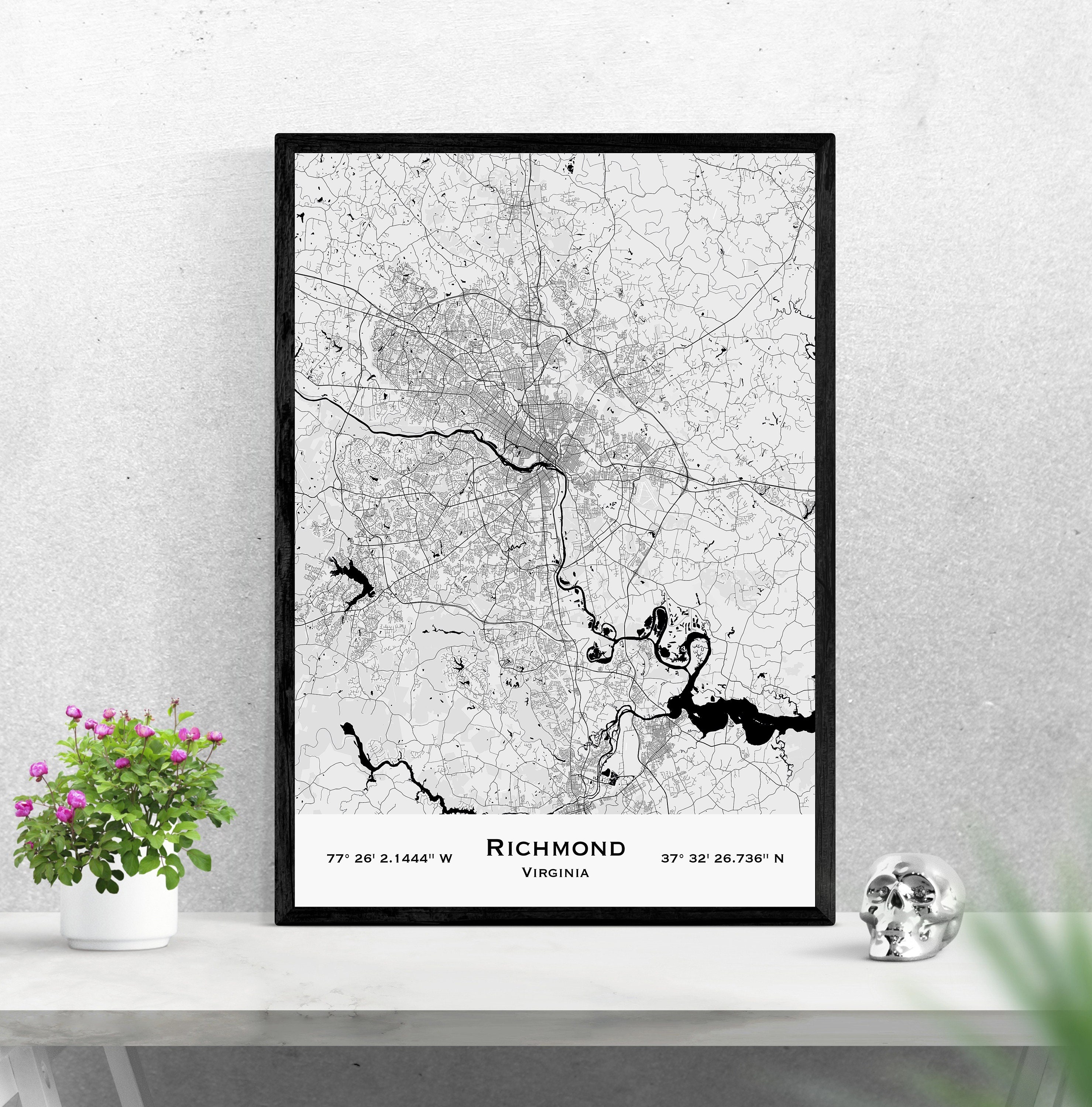 Custom Map of Richmond Virginia. Digital Map of Richmond VA. Map to ...