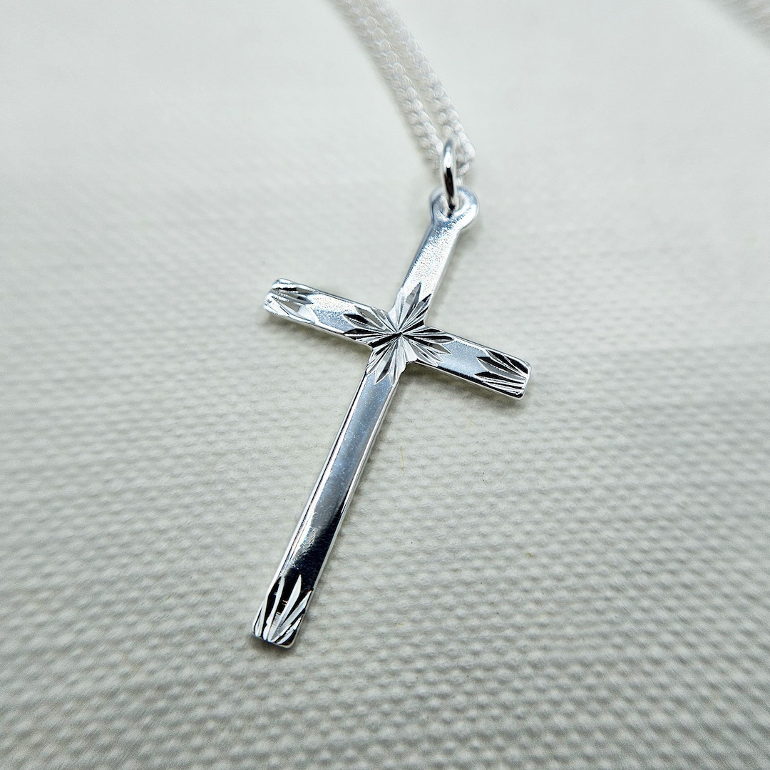Sterling Silver Diamond Cut Flat Cross Chain Necklace - Etsy