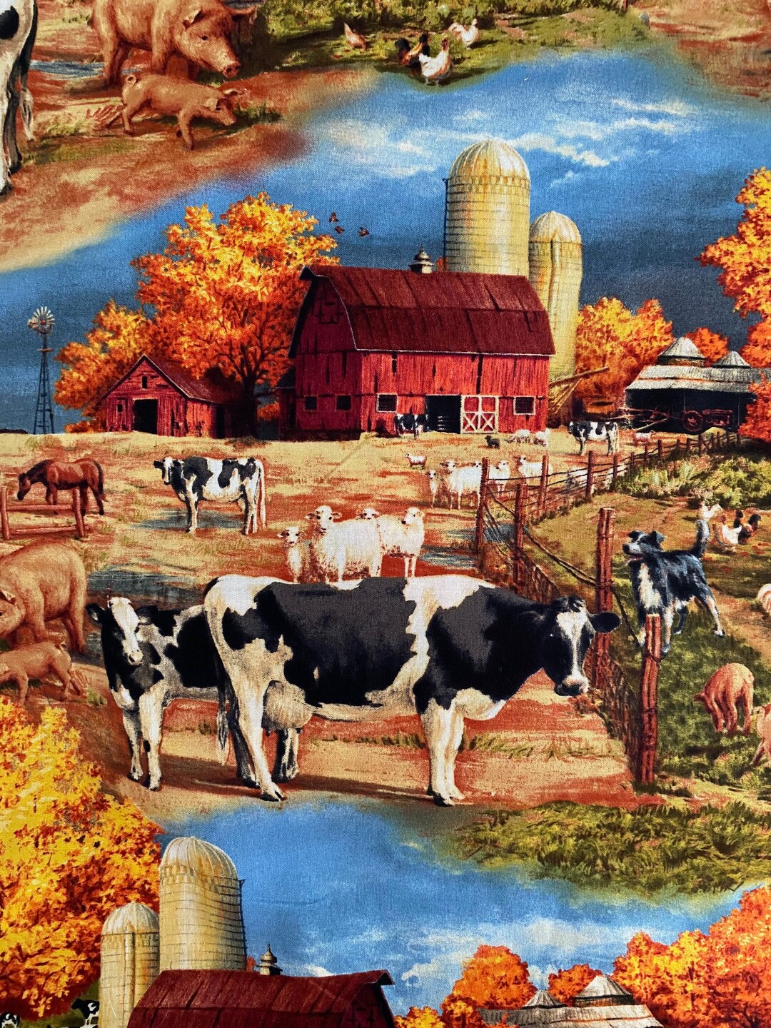 Autumn Farm Scene Fabric, Red Barn Fabric, Farm Animal, Cow Fabric ...