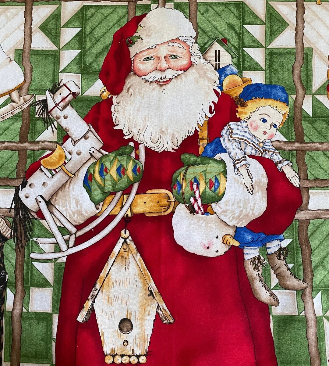 Santa Fabric Panel, Santa Claus at Camp on the Lake, Camp Christmas J ...