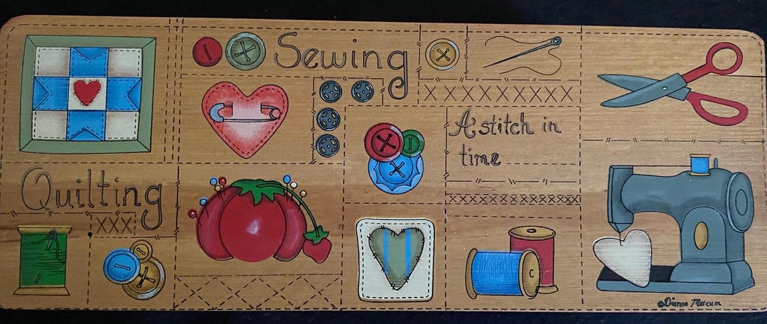 Wooden Sewing Notions Box, Dianna Mercum Painted Design Top, Decorative ...