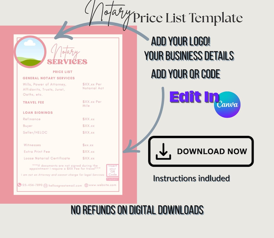Notary Price List | Price List Template | QR Code | Editable Price List ...
