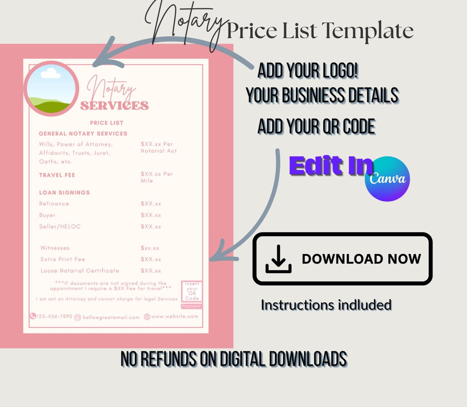 Notary Price List | Price List Template | QR Code | Editable Price List ...