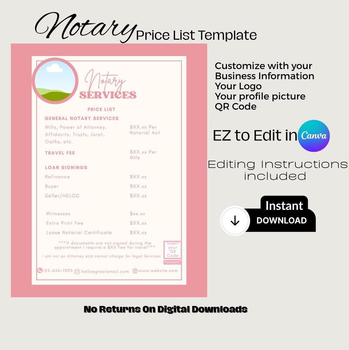 Notary Price List | Price List Template | QR Code | Editable Price List ...