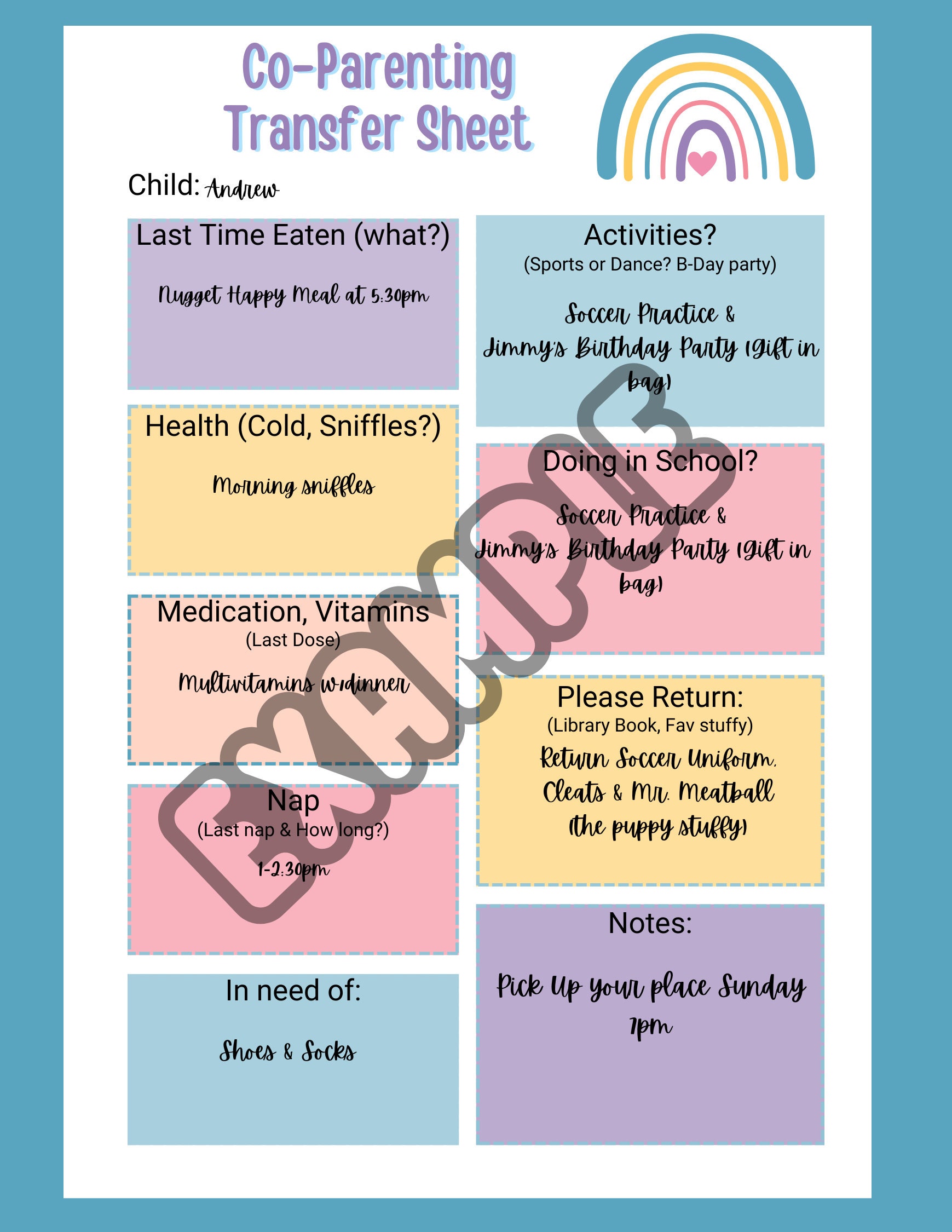 Child Transfer Form | Co-parenting Form | Parent Communication Log ...